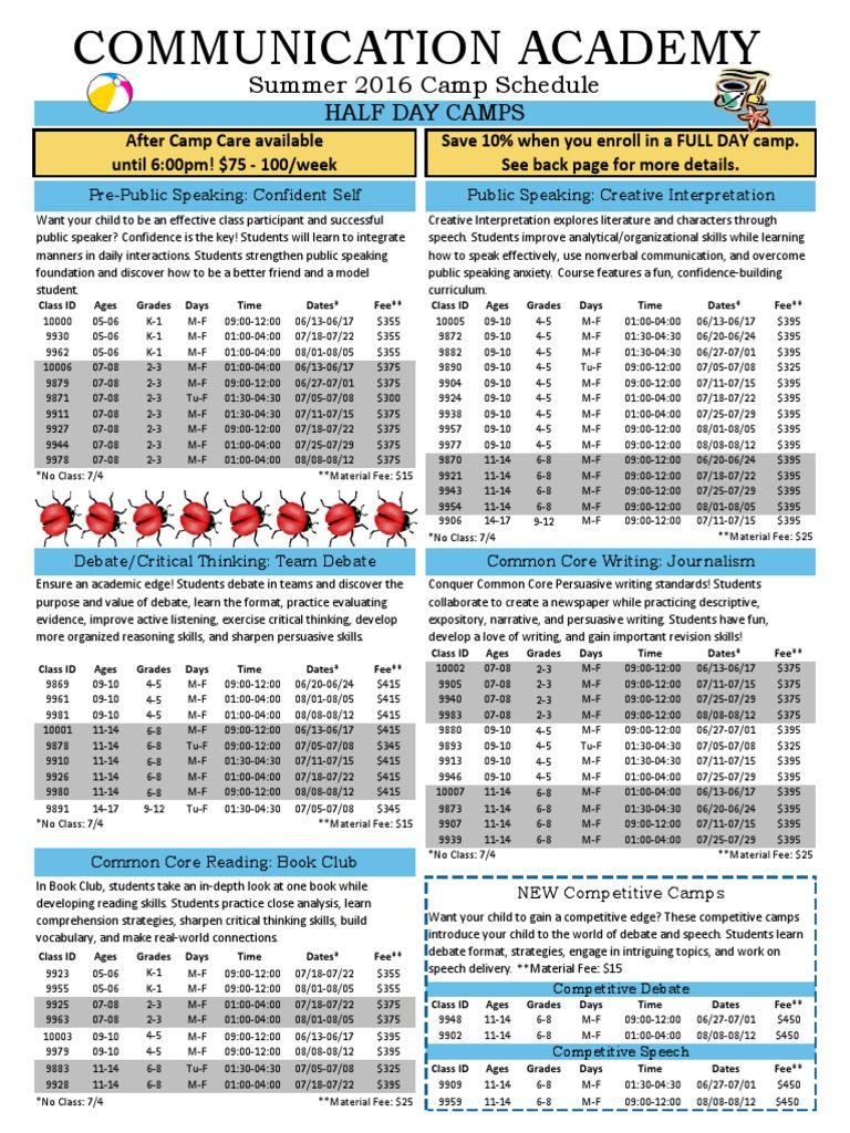 Summer 2016 Camp Schedule: Half Day Camps | PDF | Common Core State ...