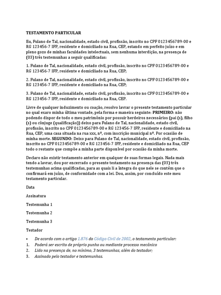 Modelo de Testamento Particular e Seus Requisitos | PDF