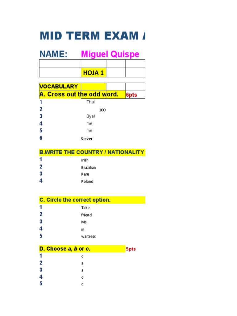 Mid Term Exam Answer Sheet: Name | PDF | Linguistics | Human Communication