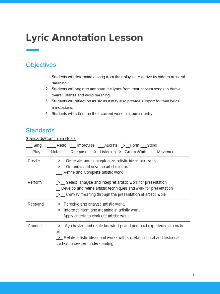 Lyric Annotation Lesson Plan | PDF | Differentiated Instruction ...