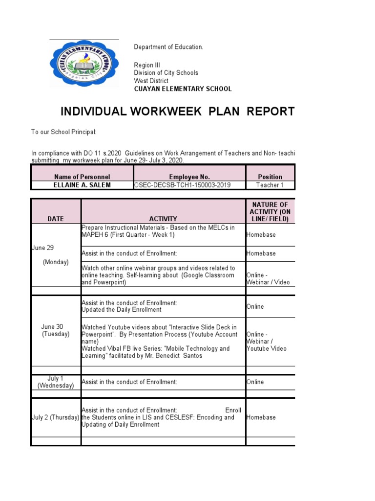 Individual Workweek Plan Report and Accomplishment for Online Teaching at Cuayan Elementary ...