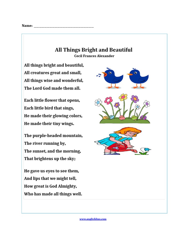 All Things Bright And Beautiful Poetry Worksheet PDF, 47% OFF