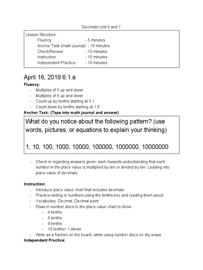 4th Decimal Lesson Plans | PDF | Fraction (Mathematics) | Numbers