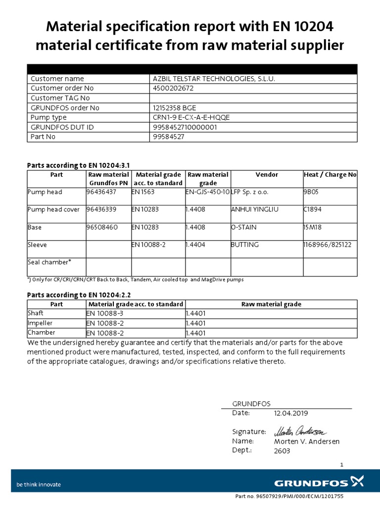 Material Specification Report With EN 10204 Material Certificate From Raw Material Supplier ...