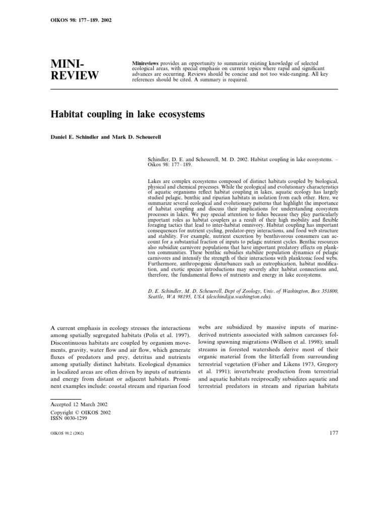 Habitat Coupling in Lake Ecosystems - Schindler & Scheuerell 2002 | PDF ...