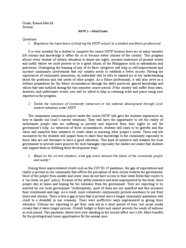 NSTP 2 - Final Exam | PDF | Community | Knowledge