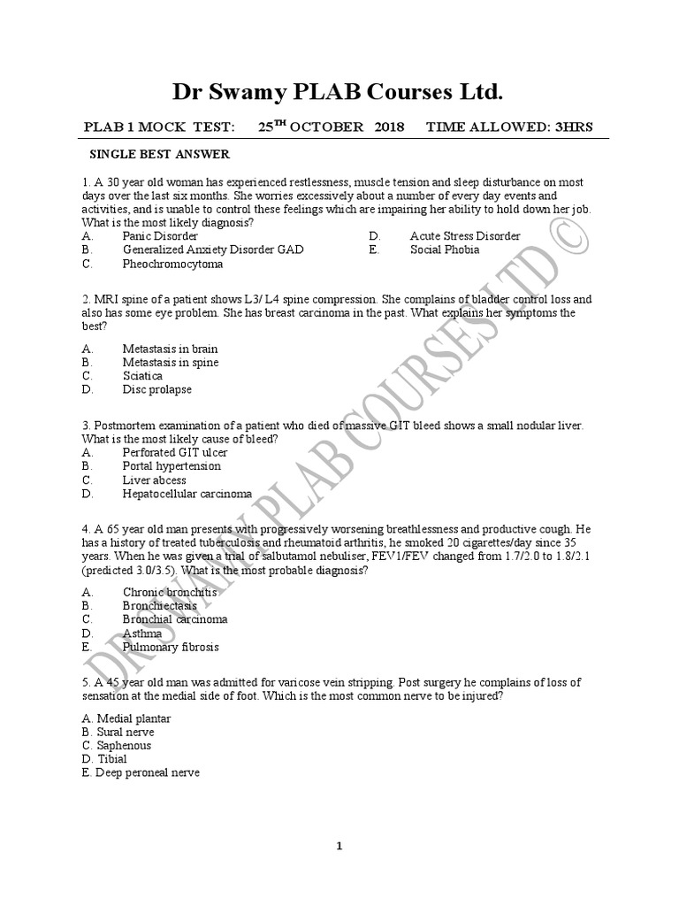 DR Swamy PLAB Courses LTD.: Plab 1 Mock Test: 25 October 2018 Time ...