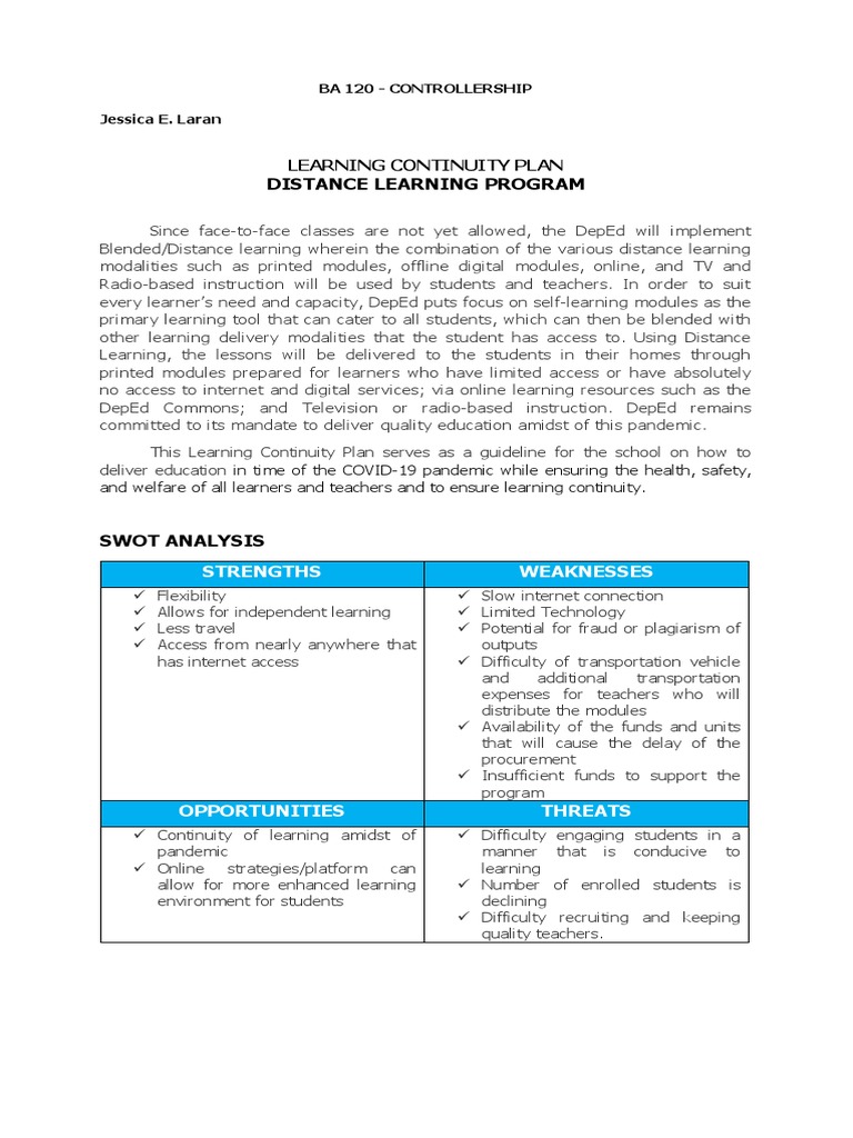 LARAN Learning Continuity Plan | PDF | Distance Education | Educational ...