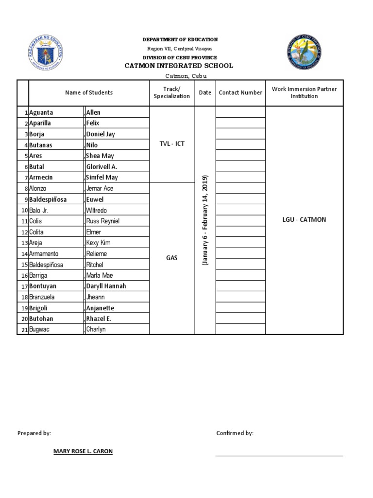 Catmon Integrated School: Name of Students Date Contact Number Track ...