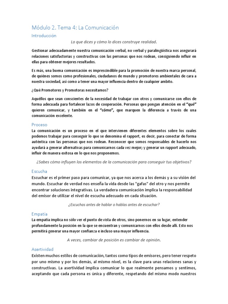 Módulo 2 - Tema 4 - La Comunicación | PDF | Empatía | Comunicación