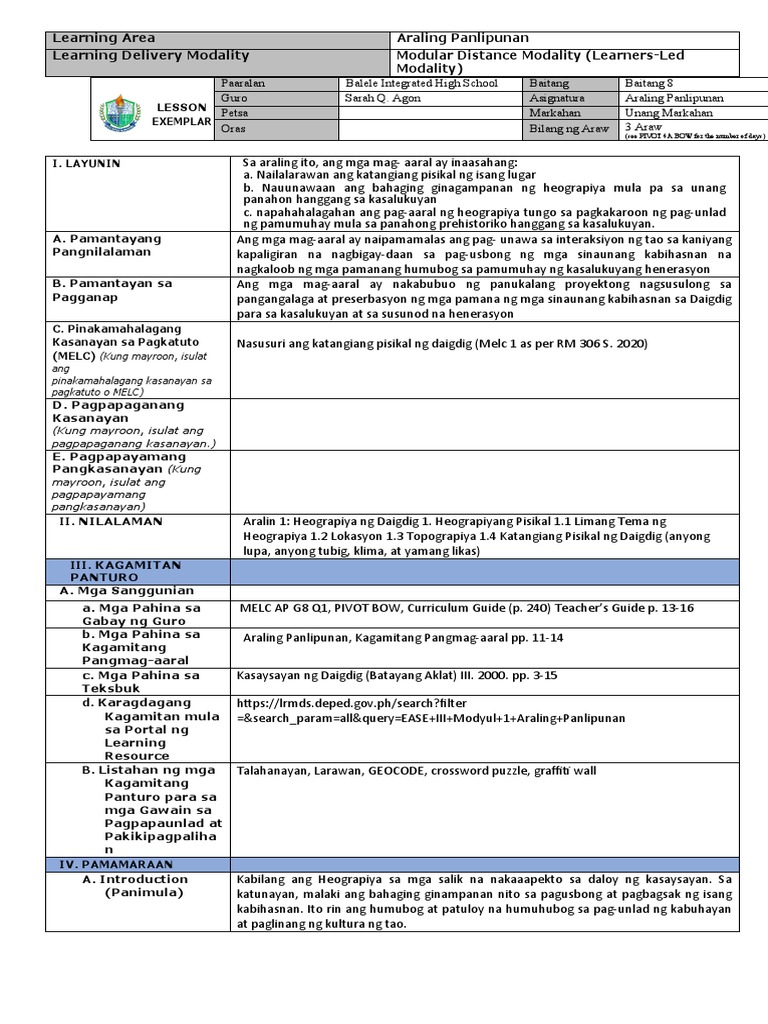 Ap8 Lesson Exemplar - Melc1 | PDF