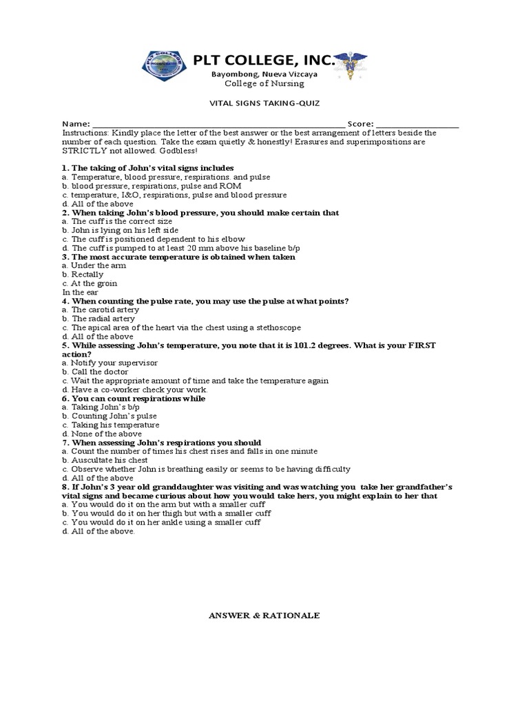Vital Signs Quiz and Answers | PDF | Pulse | Cardiovascular System