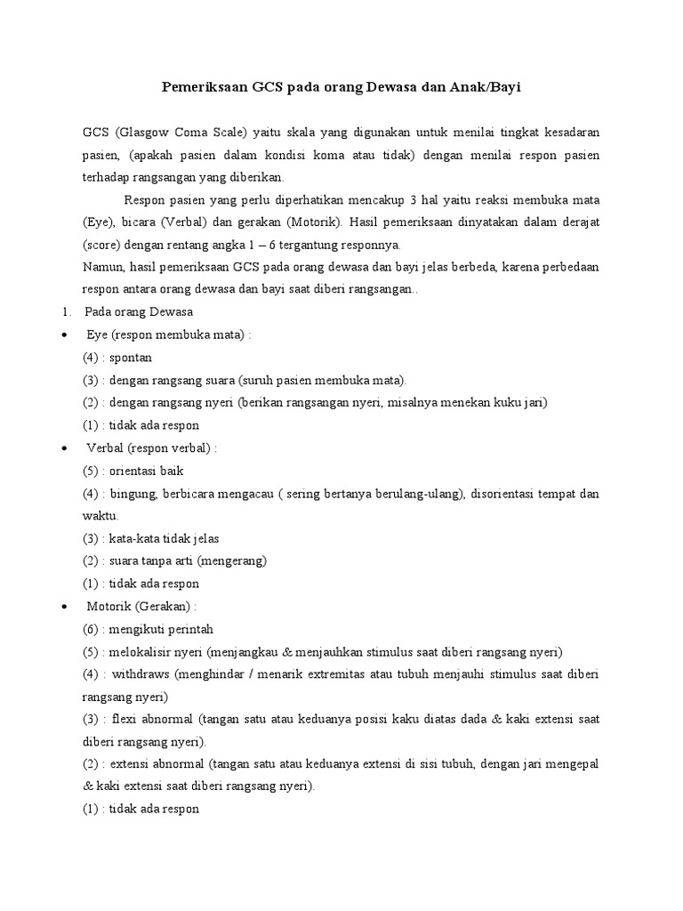 Pemeriksaan GCS Pada Orang Dewasa Dan Anak/Bayi | PDF