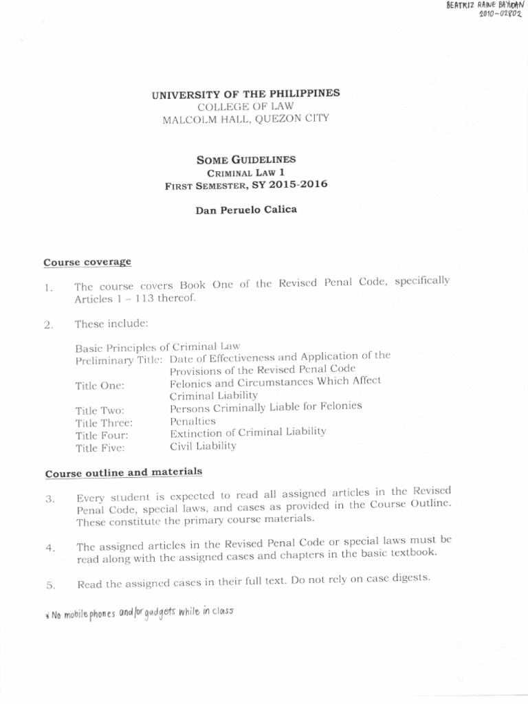 Law 109 Crim 1 Syllabus - Calica | PDF