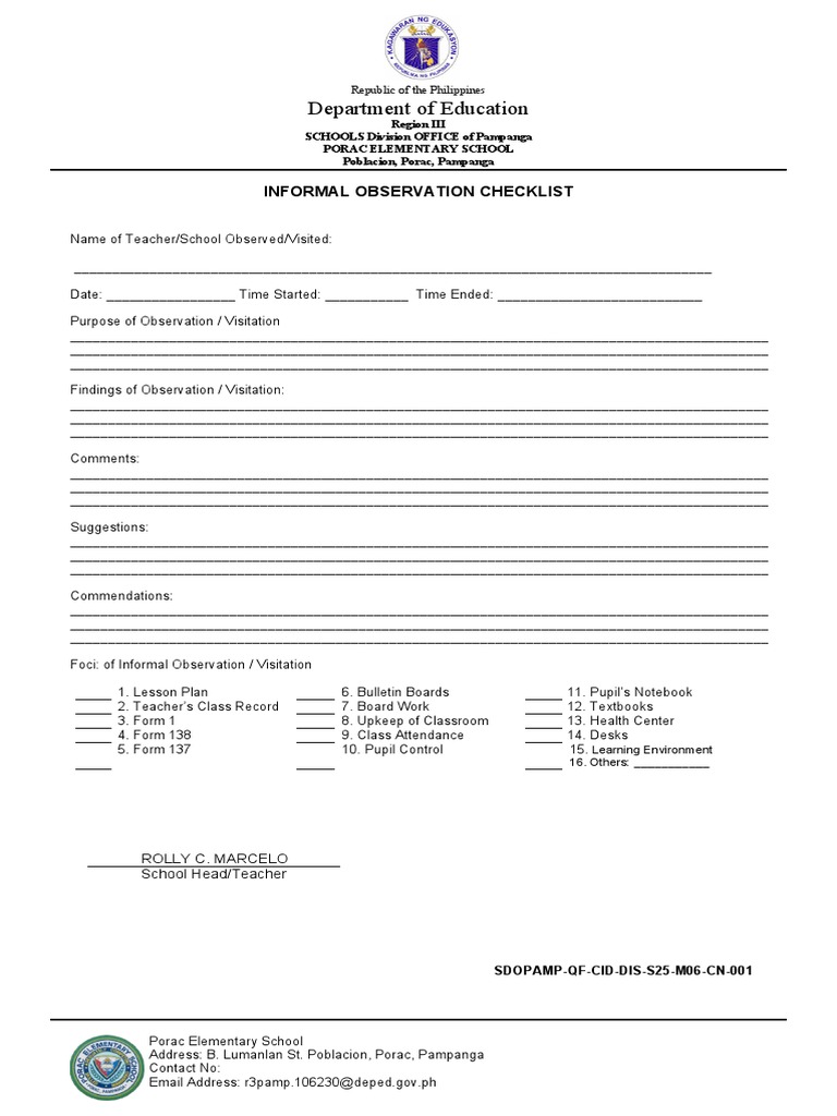 Department of Education: Informal Observation Checklist | PDF ...