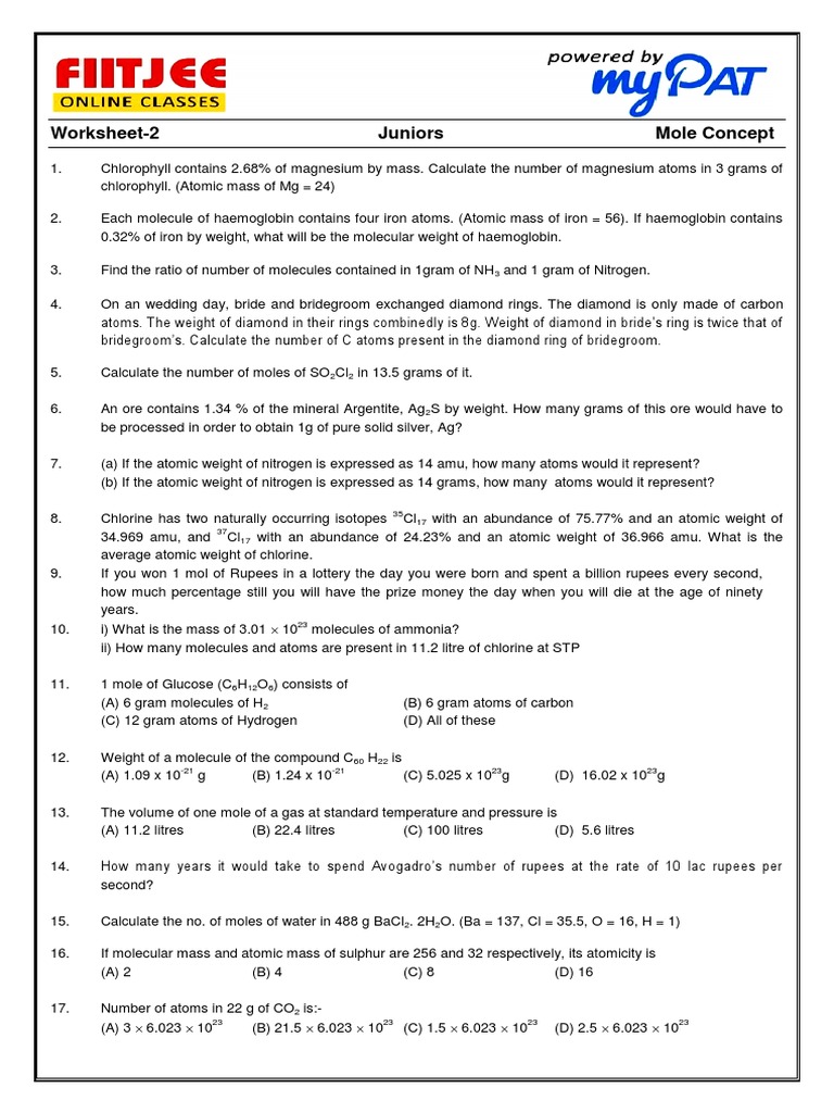 Mole Concept Worksheet 2 PDF | PDF | Mole (Unit) | Molar Concentration