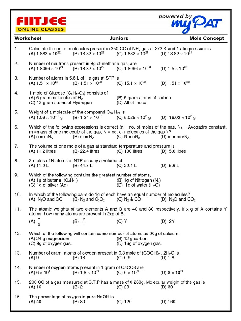 Mole Concept Worksheet PDF | PDF | Mole (Unit) | Gases