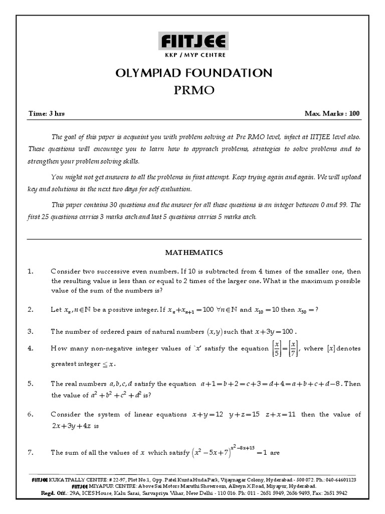 PRMO 2020 Problem Solving Paper | PDF | Integer | Abstract Algebra