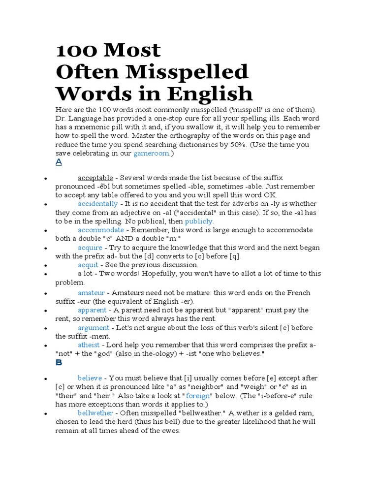 100 Most Often Misspelled Words in English: Gameroom | PDF | Syllable ...