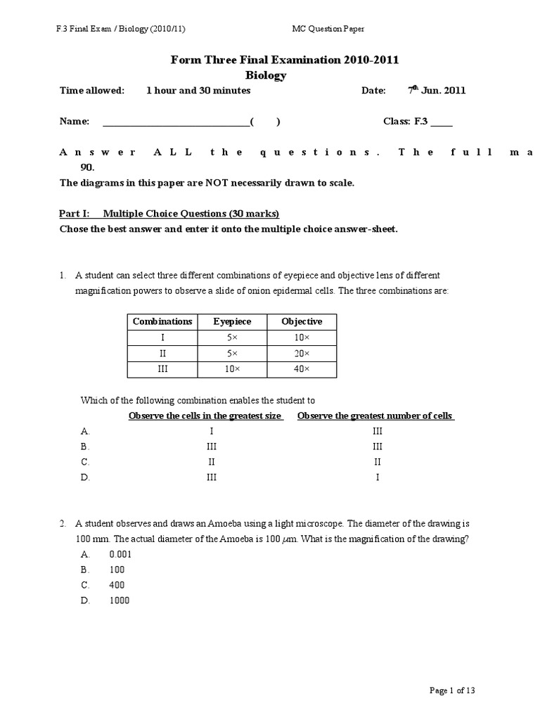 F.3 Biology Final Exam MC Questions | PDF | Cell (Biology) | Lipid