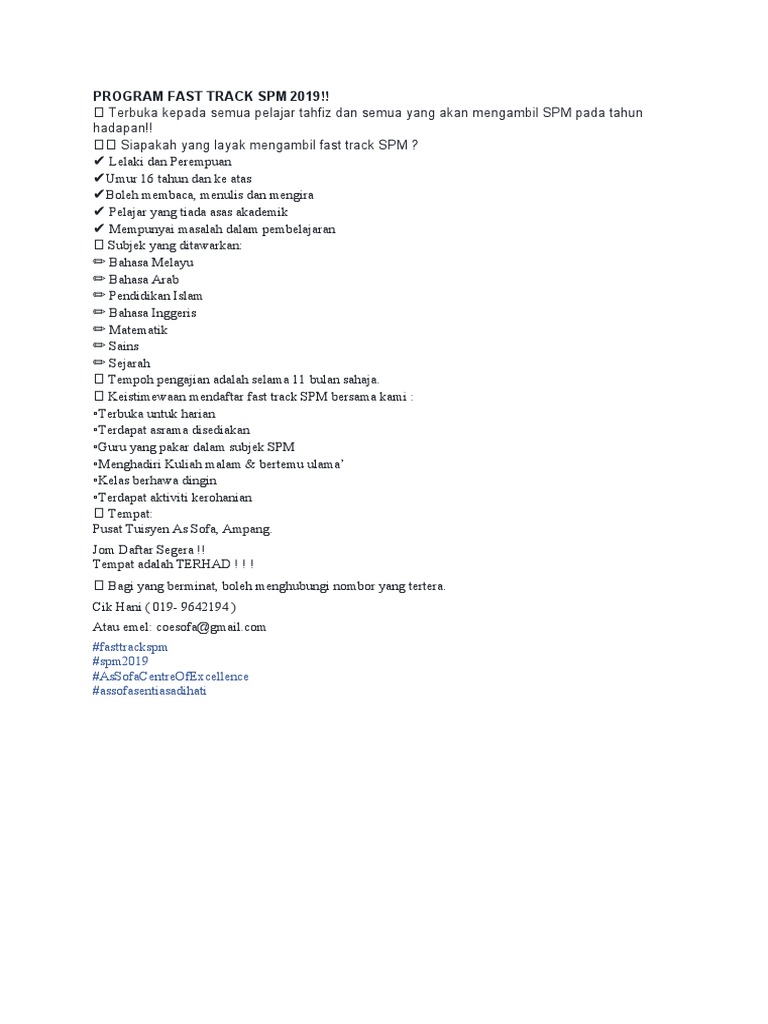 Program Fast Track SPM 2019 | PDF