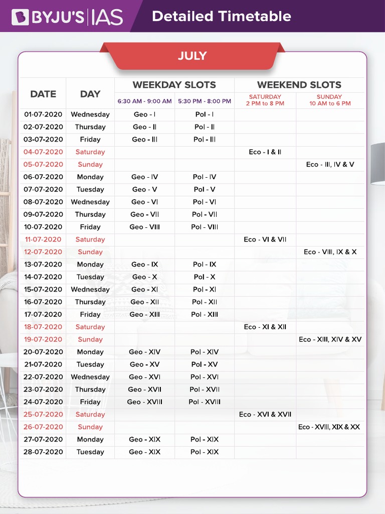 July Time Table Byjus IAS | PDF