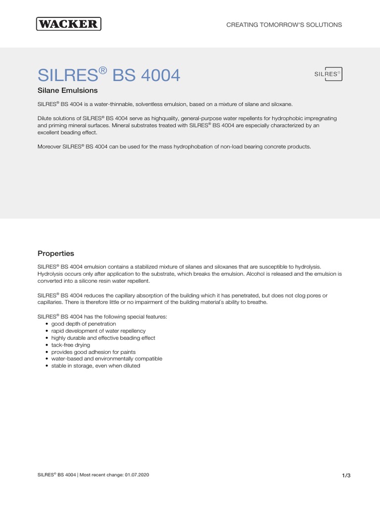 Silres BS 4004: Silane Emulsions | PDF | Paint | Concrete
