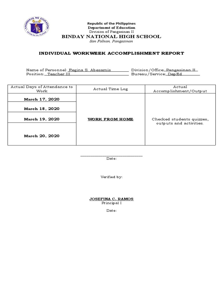 Binday National High School: Individual Workweek Accomplishment Report | PDF
