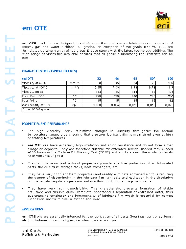 Characteristics (Typical Figures) Eni OTE 32 46 68 80 100 | PDF | Lubricant | Motor Oil