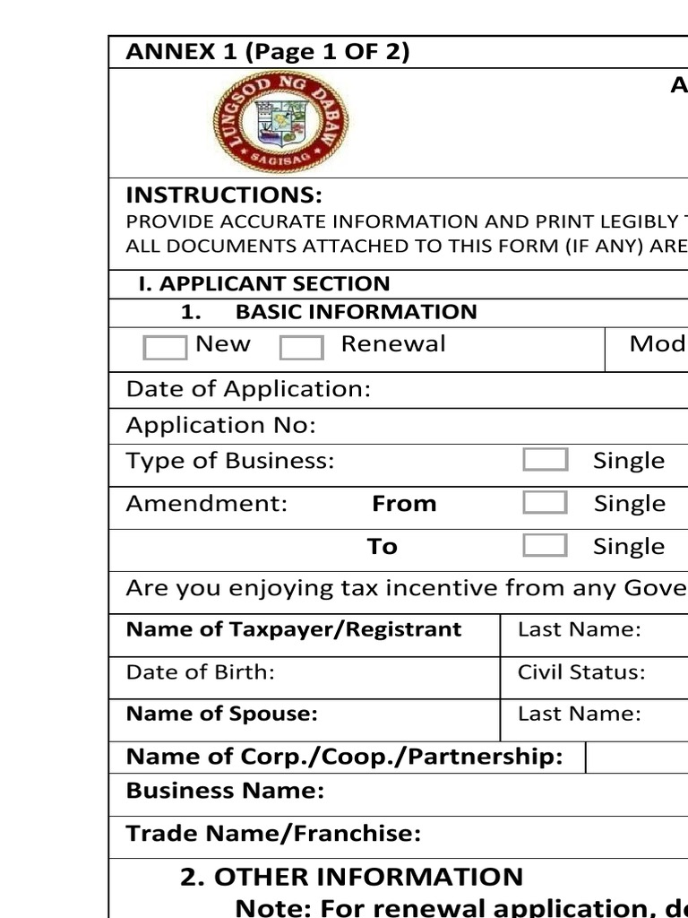Application for Business Permit Renewal for a Sole Proprietorship ...