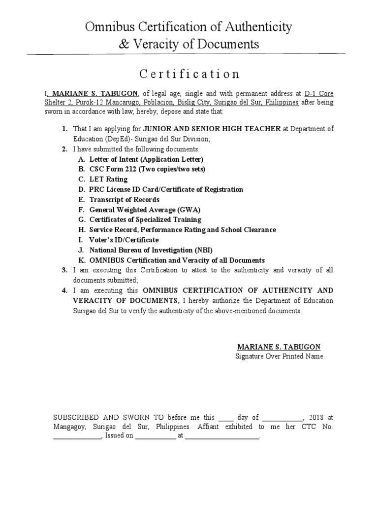 DepEd Omnibus Certification Sample | PDF | Government And Personhood ...