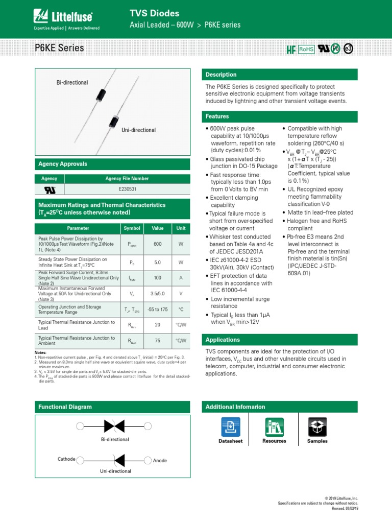Axial Leaded - 600W P6KE Series | PDF | Diode | Electronic Engineering