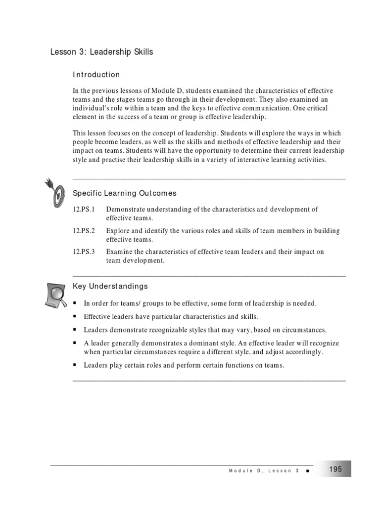 Lesson 3: Leadership Skills | PDF | Leadership | Psychological Concepts