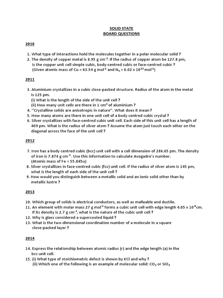 Solid State Board Questions 2010 | PDF | Crystal Structure | Physical ...