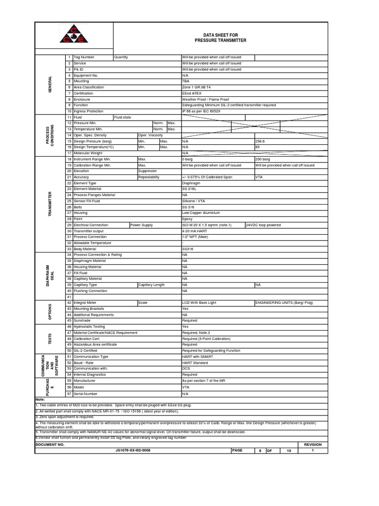 Datasheet For PIT | PDF | Calibration | Pressure