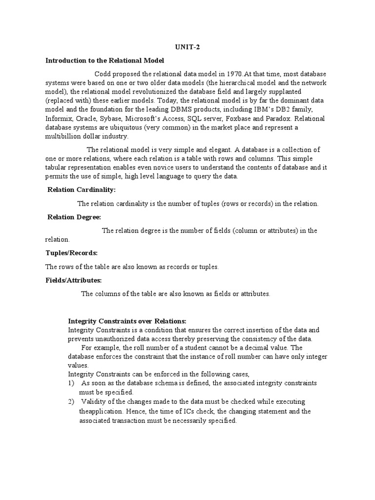 UNIT-2 Introduction To The Relational Model | PDF | Relational Database ...