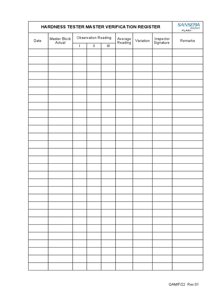 QAM-F-22 Hardness Tester Master Verification Register | PDF