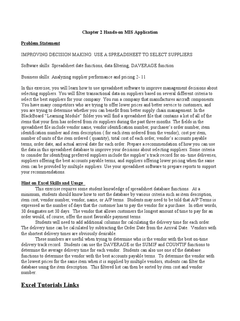 Chapter 2 Hands-On MIS Application Problem Statement: Excel Tutorials ...