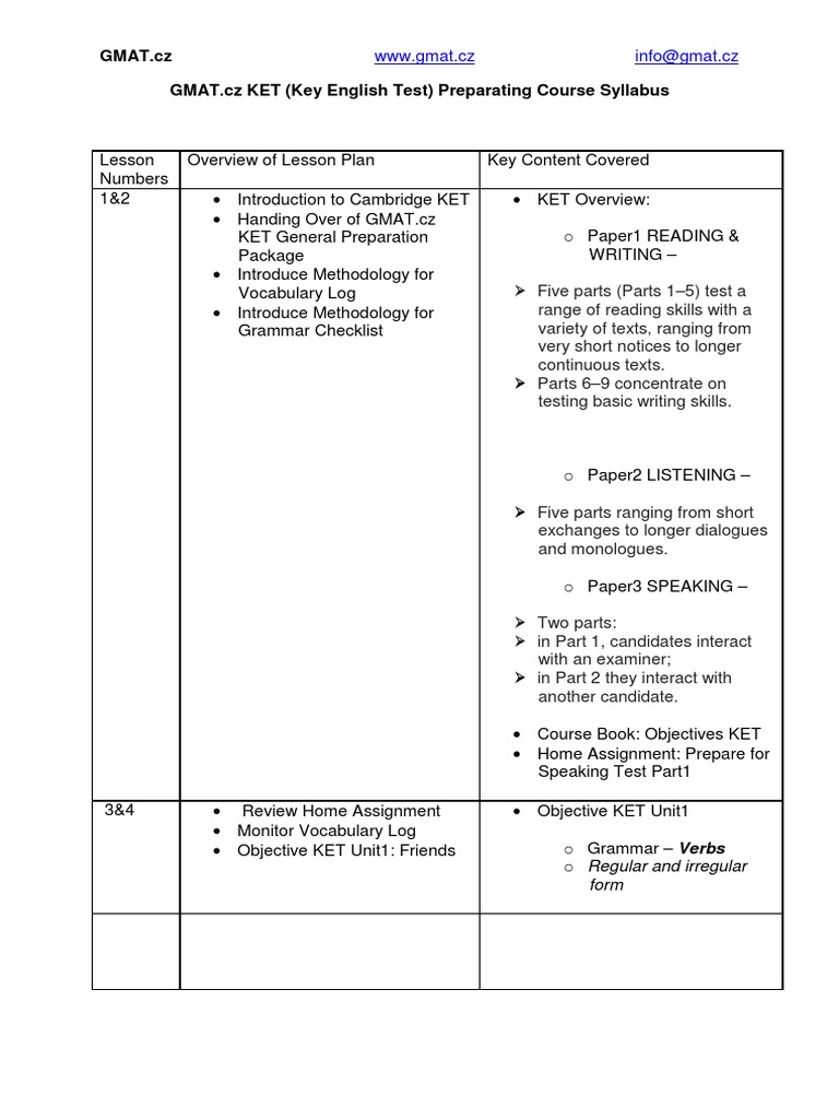 KET English Course Syllabus | PDF | Noun | Clause