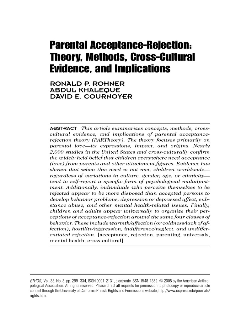 Parental Acceptance-Rejection: Theory, Methods, Cross-Cultural Evidence ...