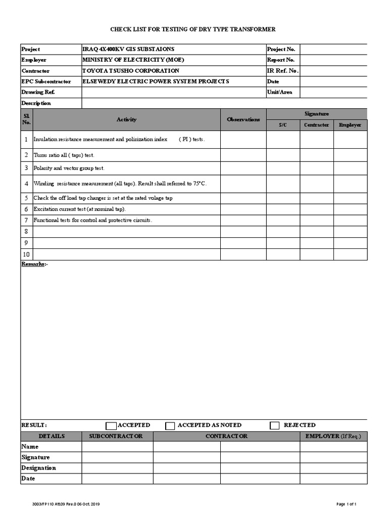 Dry Type Transformer Testing Checklist | PDF