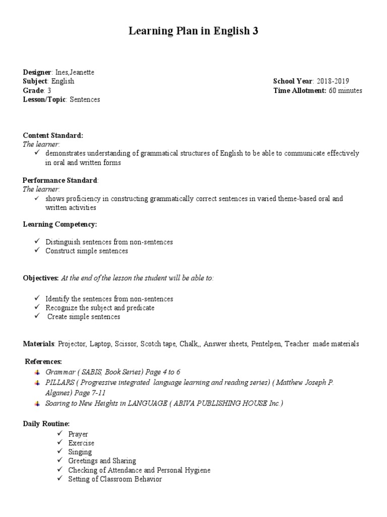 English Sentence Construction Plan | PDF | Subject (Grammar) | Sentence ...