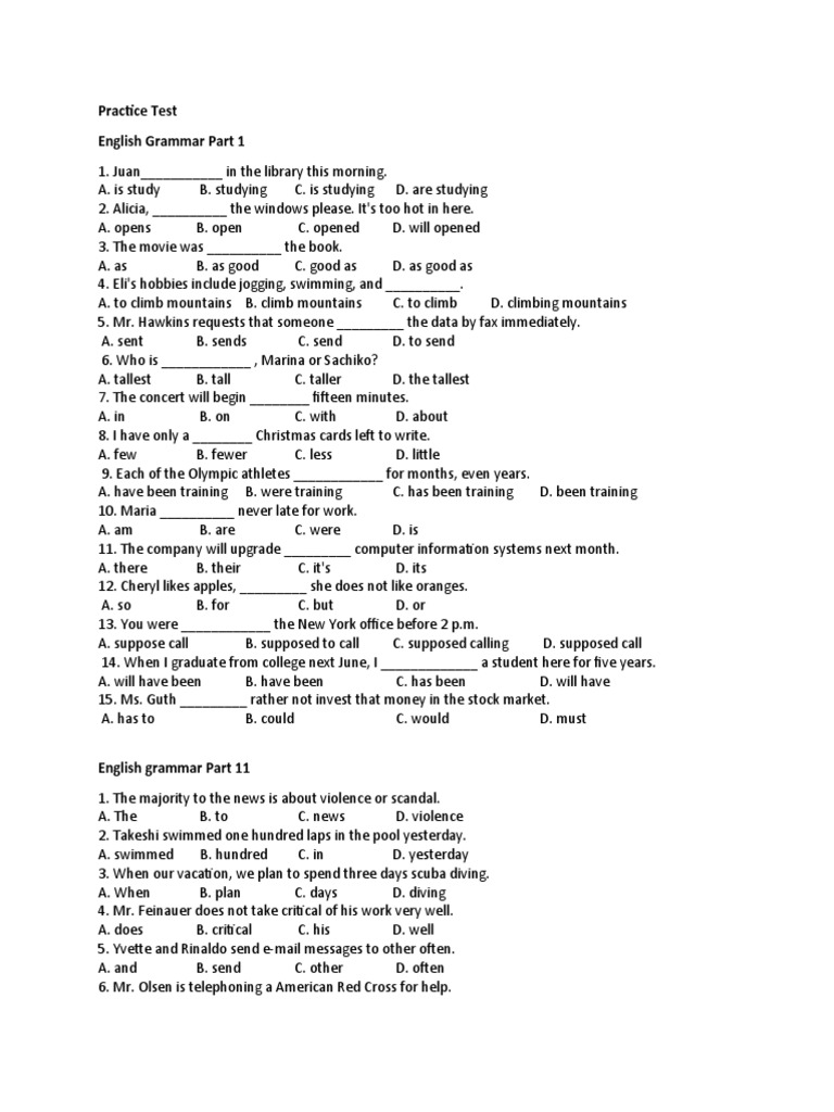 Practice Test English Grammar Part 1 | PDF