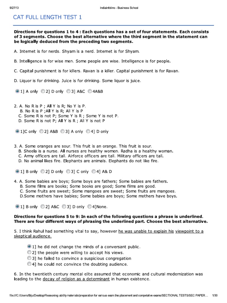 CAT Model Question Paper With Solutions 1 | PDF