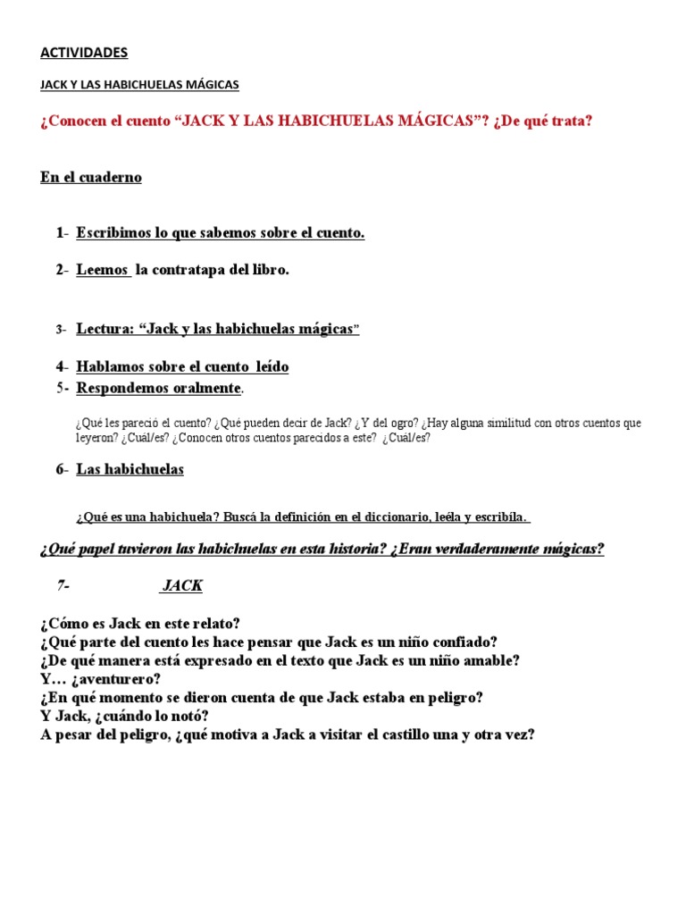 Actividades Jack y Las Habichuelas | PDF | Cuentos