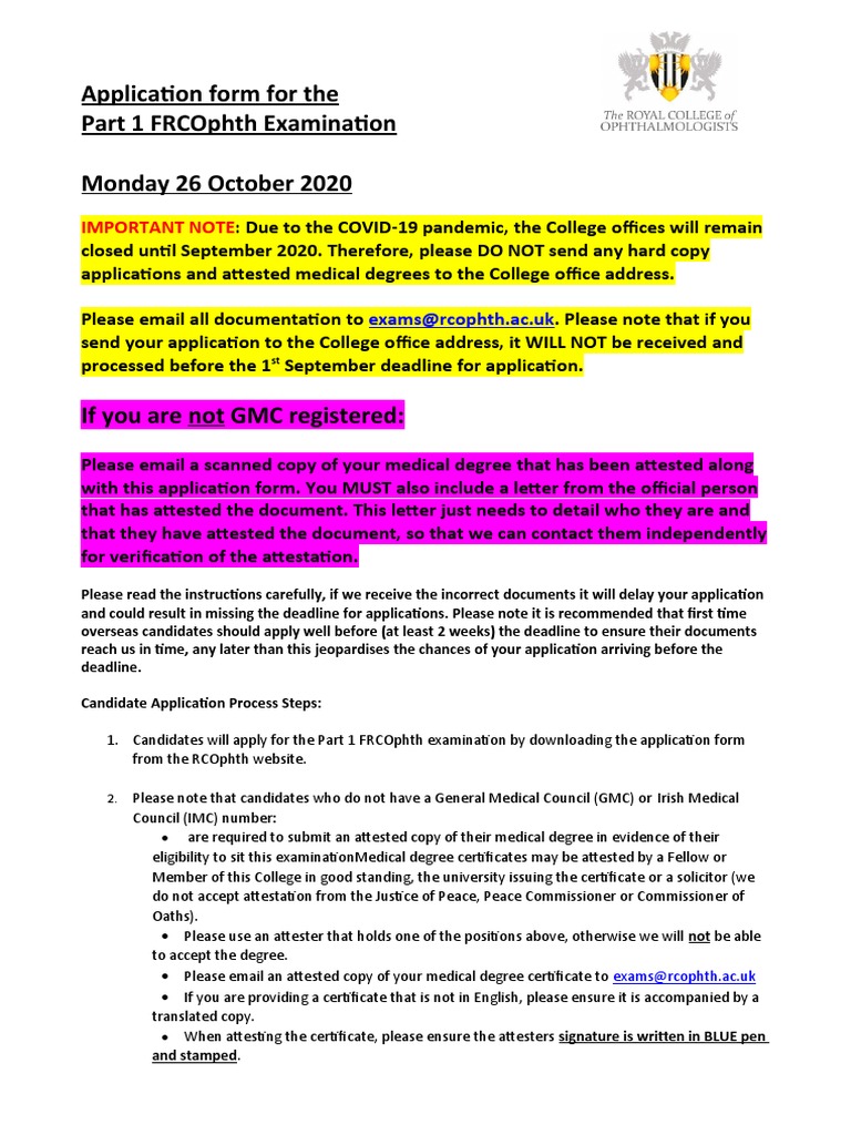 Application Form For The Part 1 Frcophth Examination Monday 26 October ...