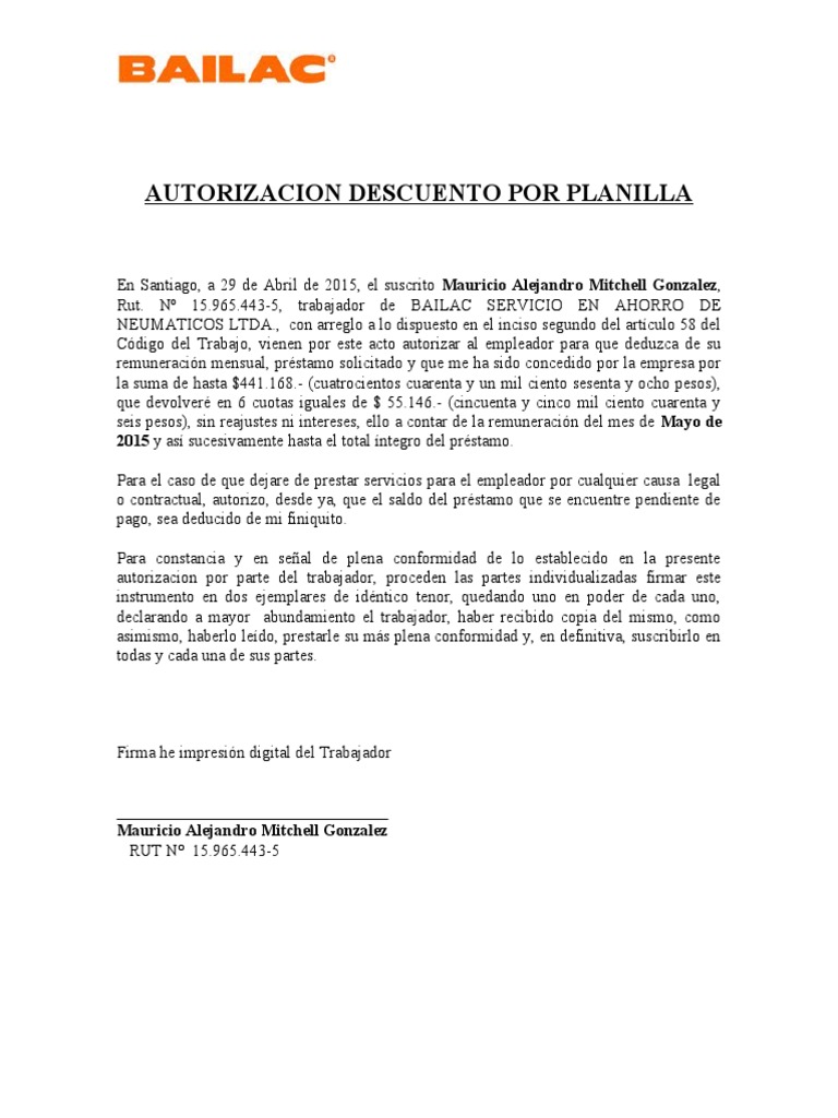 Autorizacion Descuento Por Planilla Mauricio Mitchell | PDF