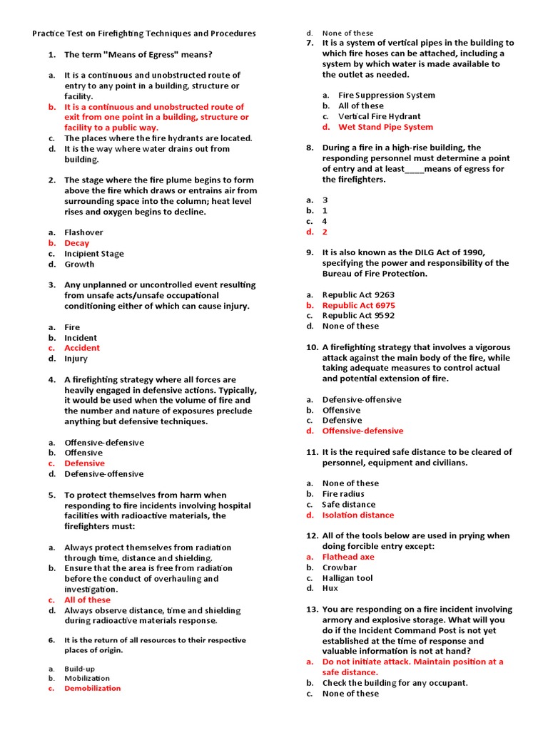 Firefighting Techniques Practice Test | PDF | Firefighting | Firefighter
