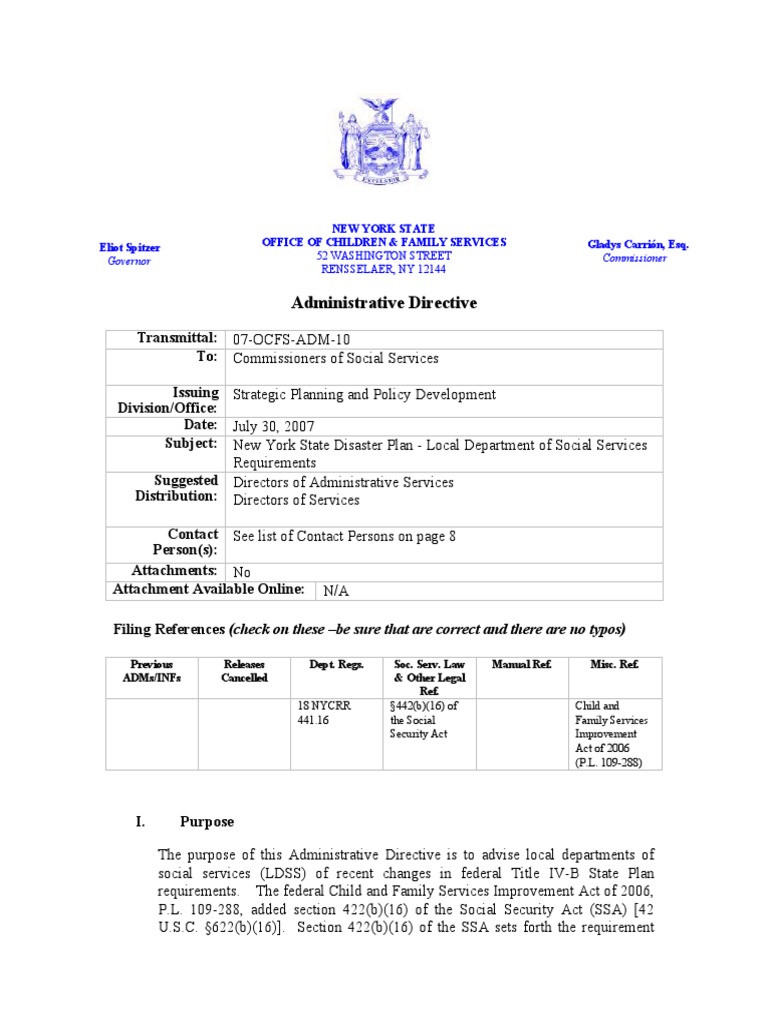 07-OCFS-ADM-10 New York State Disaster Plan - Local Department of ...