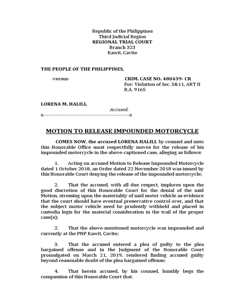 Motion To Release | PDF | Plea | Virtue